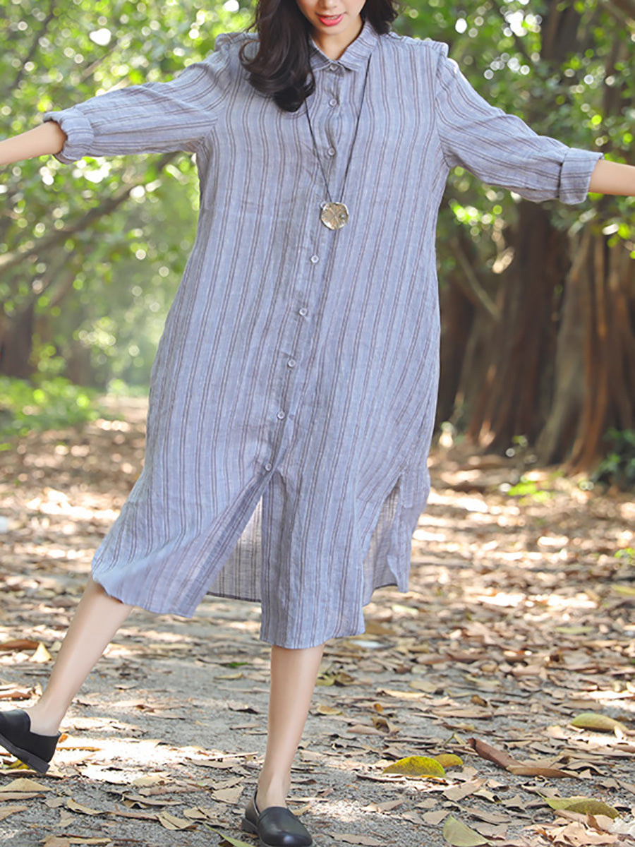 Plus Size Literature Side Slit Polo Collar Single Breasted Stripe Wome ...