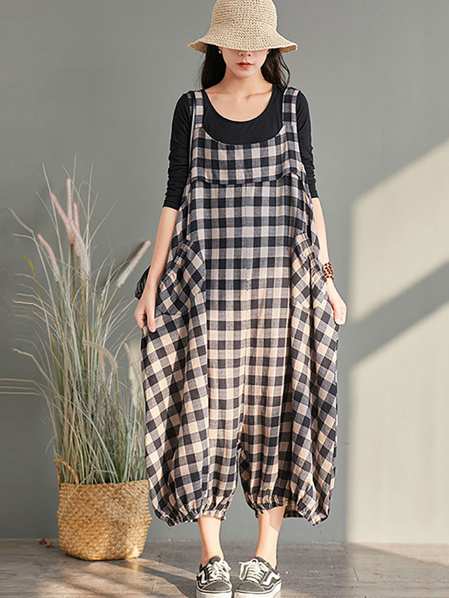 Plus Size Women Loose Casual Checkered Bib Overalls – BUYKUD